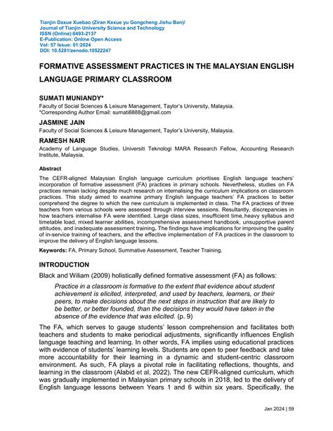 Formative Assessment Practices In The Malaysian English Language Primary Classroom Pdf