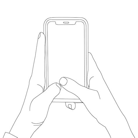 한 선 그리기 손을 잡고 휴대 전화 및 흰색 배경에 개요 벡터 프리미엄 벡터