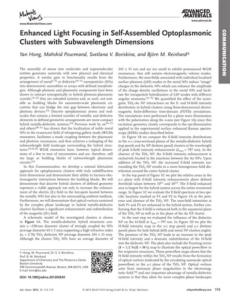 Pdf Enhanced Light Focusing In Self Assembled Optoplasmonic Clusters With Subwavelength Dimensions