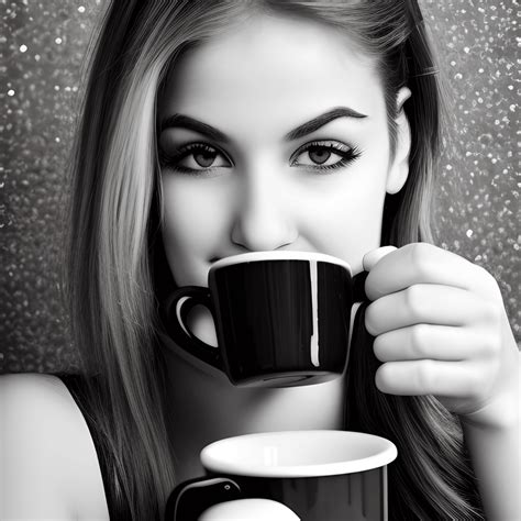 Beautiful Girl Drinking Coffee Black And White Portrait · Creative Fabrica