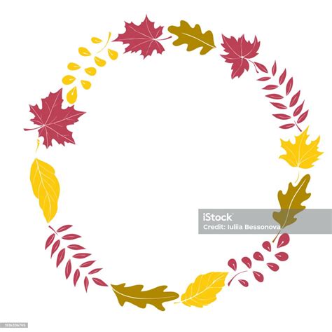 색깔의 단풍의 화환입니다 둥근 화려한 프레임 플랫 스타일로 그려진 테두리 손 테마는 숲 자연 행복한 가을 추수 감사절입니다 0명에 대한 스톡 벡터 아트 및 기타 이미지