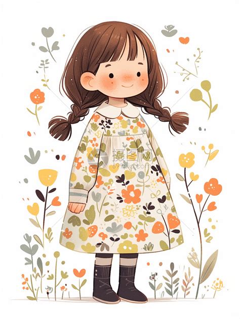 扎两个小辫子穿着花朵衣服的卡通小女孩插画图片下载 正版图片402565300 摄图网