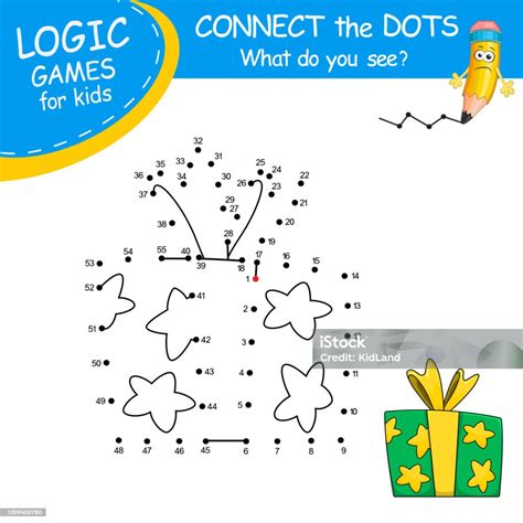 기프트 박스 숫자로 점을 연결하여 크리스마스 또는 생일 선물 상자를 그립니다 축하를위한 만화 상자와 게임 및 색칠 페이지도 아이들을위한 논리 게임 학습 카운트 번호 점