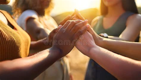 Close Up Of Multiple Hands In Unity During Sunset Gathering Generative Ai Stock Image Image