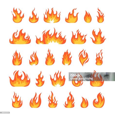 불 불꽃 만화 뜨거운 불타는 모닥불 빨간색과 노란색 로고 모양 주황색 빨간색 불꽃 실루엣 에너지 또는 열 기호 가연성 경고 표시 로고 타입 불타는 요소 벡터 아이콘 세트
