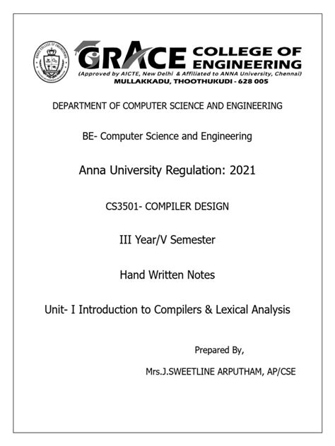 Unit 1 Cs3501 Compiler Design Notes Pdf