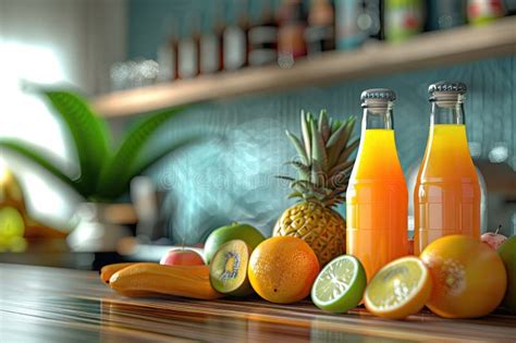 Premium Quality Visual Of A Bar With Bottles Of Juice And Fruits On The