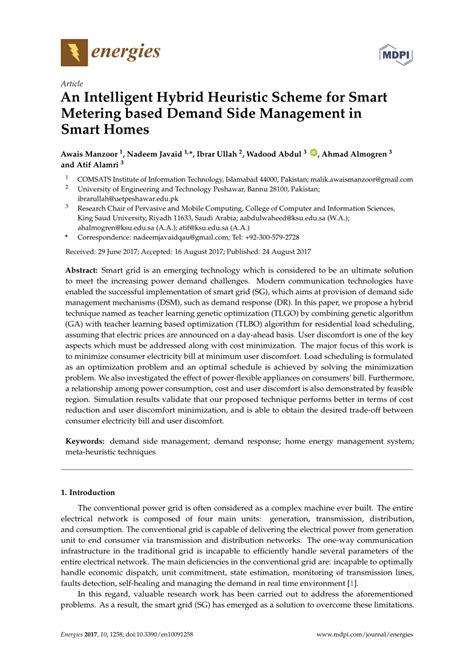 Pdf An Intelligent Hybrid Heuristic Scheme For Smart Metering Based Demand Side Management In