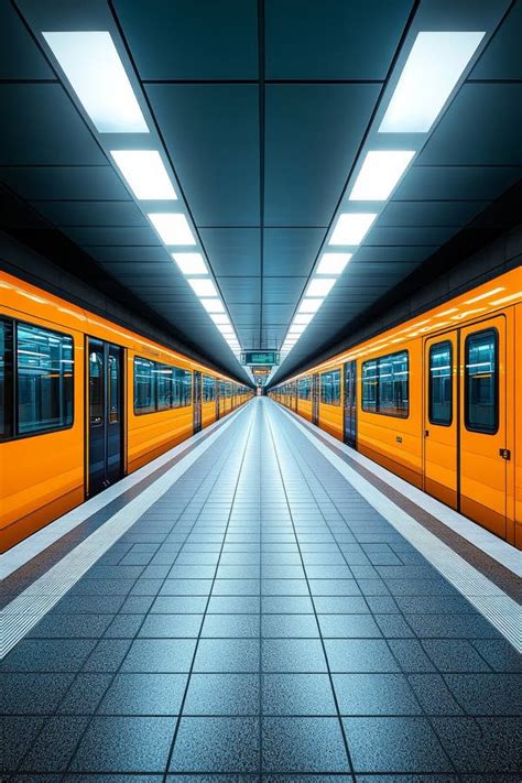 Empty Subway Station With Modern Architecture Bright Lighting And Orange Train At Platform