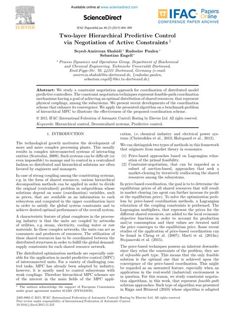 Pdf Two Layer Hierarchical Predictive Control Via Negotiation Of