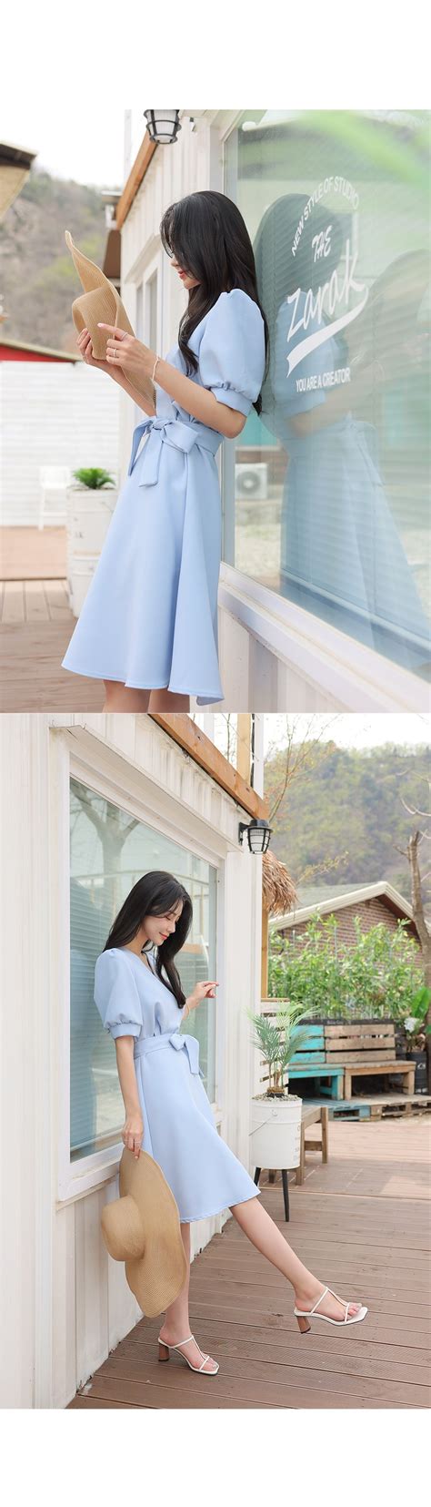 벌룬소매 랩스타일 플레어 원피스반팔