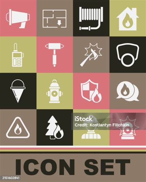 노출증 사이렌 전화 911 방독면 소방 호스 릴 소방관 도끼 워키 토키 메가폰 및 아이콘을 설정합니다 벡터 계획에 대한 스톡 벡터 아트 및 기타 이미지 Istock