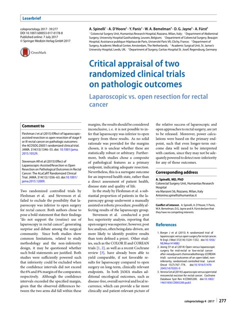 Pdf Critical Appraisal Of Two Randomized Clinical Trials On Pathologic Outcomes Laparoscopic