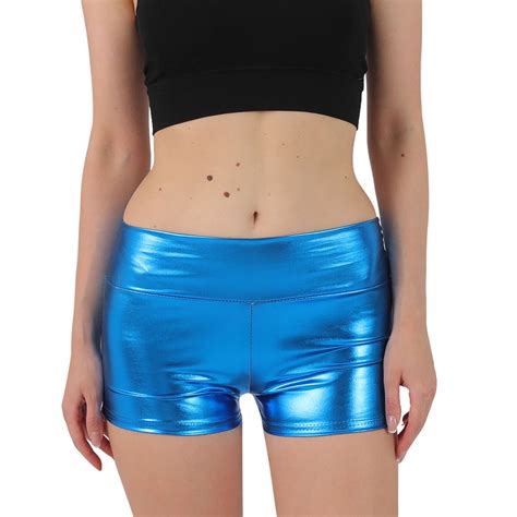 Ryrjj Metallic High Waisted Booty Shorts Womens Shiny Cheeky Dance Bottoms Wet Look Disco Party