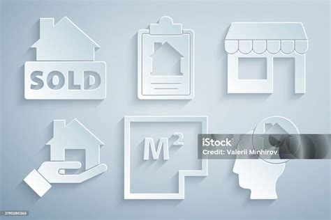 세트 하우스 플랜 마켓 스토어 부동산 중개인 집 구매를 꿈꾸는 남자 계약 및 텍스트 판매 아이콘이있는 매달린 기호 벡터 3차원 형태에 대한 스톡 벡터 아트 및 기타 이미지