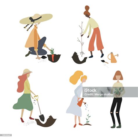 원 예의 집합입니다 정원에서 일하는 청년 성인 여성 삽을 가진 여자 물을 수 있습니다 농장 일을하고 새싹 심기 성장 다채로운 평면 만화 벡터 일러스트 레이션입니다 여성