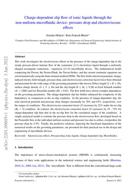 Pdf Charge Dependent Slip Flow Of Ionic Liquids Through The Non Uniform Microfluidic Device