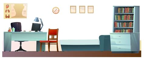 의사 사무실 안락의자와 Pc 컴퓨터가 있는 업무용 책상 흰색 배경에 격리 환자를위한 소파와 의자 의료 포스터 및 약물 만화 재미있는 스타일 수평 그림 벡터 Drug에 대한