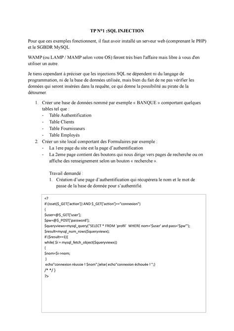 tp sql injection tp dr niar tp n°1 sql injection pour que ces