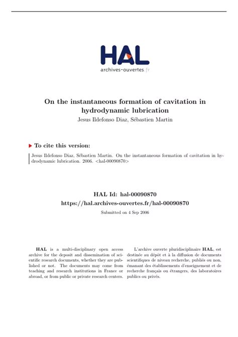 On The Instantaneous Formation Of Cavitation In Hydrodynamic Lubrication On The Instantaneous