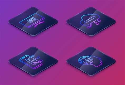 디지털 회로 기판으로 5k 비디오 스마트 폰 휴대 전화 사물 인터넷 및 인간의 두뇌와 Isometric 라인 모니터 디스플레이를 설정합니다 파란색 정사각형 버튼 벡터 3차원