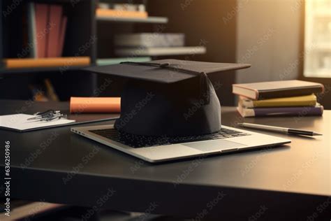 Image Of Graduation Cap And Notebooks Next To A Laptop Indicating
