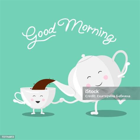 컵의 만화 캐릭터와 함께 벡터 일러스트 레이 션 차 주전자와 비문 좋은 아침 녹색 배경에 쏟아져 0명에 대한 스톡 벡터 아트 및 기타 이미지 Istock
