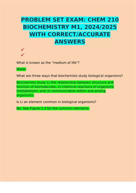 PROBLEM SET EXAM CHEM 210 BIOCHEMISTRY M1 2024 2025 WITH CORRECT ACCURATE ANSWERS CHEM 210