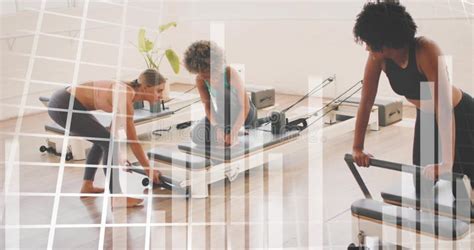 Fitness Data Visualization Animation Over Women Exercising On Pilates Reformers Stock Footage