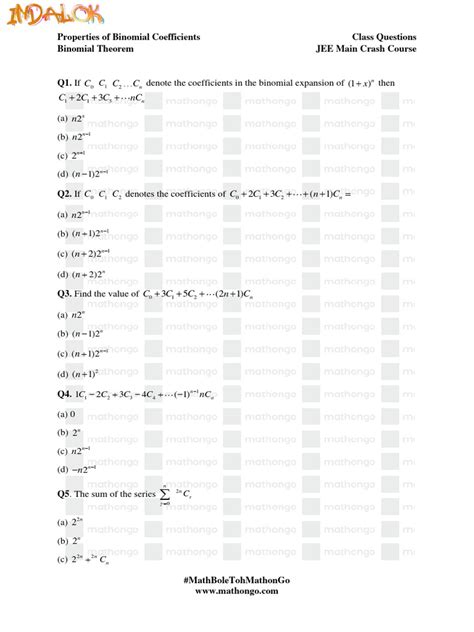 366 Class Qs Properties Of Binomial Coefficients Pdf Complex Analysis Mathematics