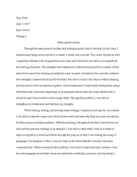 Metacognitive Essay Yun Susie June 7 2017 Kyle Crocco Writing 2 Metacognitive Essay Through
