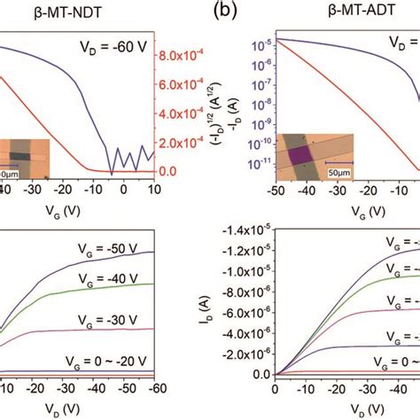 Transfer Top And Output Bottom Curves Of Sc Ofets A β Mt Ndt And Download Scientific