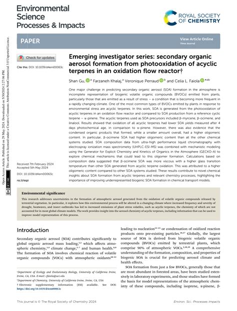 Pdf Emerging Investigator Series Secondary Organic Aerosol Formation From Photooxidation Of