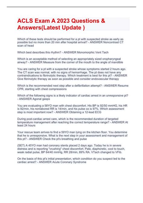 Acls Exam A 2023 Questions And Answers Latest Update Aha Acls Stuvia Us