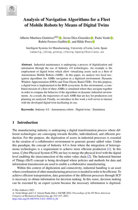 Pdf Analysis Of Navigation Algorithms For A Fleet Of Mobile Robots By Means Of Digital Twins