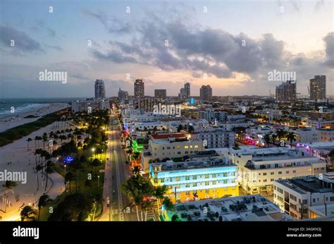 Miami Beach Sunset Aerial View Downtown Miami Skyline At Dusk South