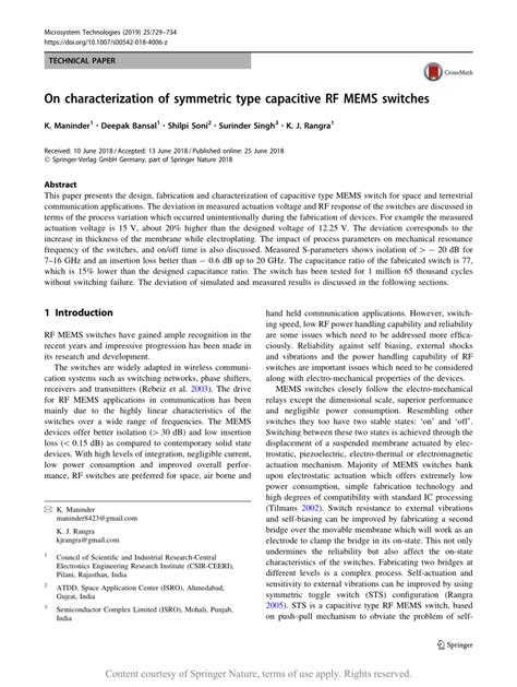 On Characterization Of Symmetric Type Capacitive Rf Mems Switches Request Pdf