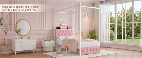 Keyluv Twin Size Upholstered Led Canopy Bed Frame With