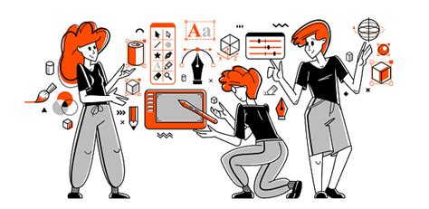 창의적인 프로젝트 벡터 윤곽선 일러스트레이션을 작업하는 그래픽 디자이너 팀은 Pc 소프트웨어에서 시각적 작업 작곡 및 편집을 수행하는 디지털 아티스트에게 영감을 주었습니다