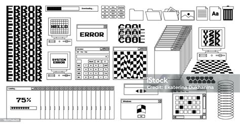 사용자 인터페이스 Y2k 스티커 레트로 아이콘 브라우저 버튼 화면 컴퓨터 폴더 파일 문서 썸네일 로딩 진행률 표시줄 알림 등 블랙 화이트 색상 벡터 일러스트 레이 션입니다