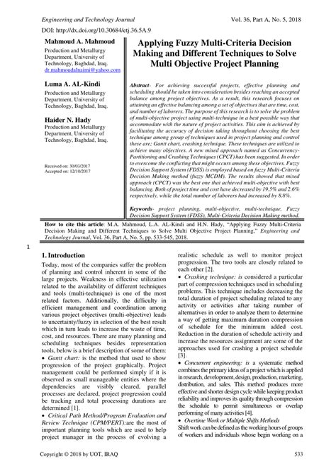 PDF Applying Fuzzy Multi Criteria Decision Making And Different Techniques To Solve Multi