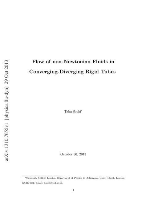 Pdf Flow Of Non Newtonian Fluids In Converging Diverging Rigid Tubes