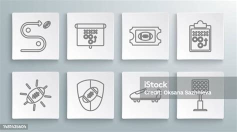 세트 라인 미식 축구 공 계획 전략 개념 및 방패 스파이크가있는 축구 또는 축구화 밝은 경기장 조명 티켓 및 아이콘 벡터 Championship에 대한 스톡 벡터 아트 및