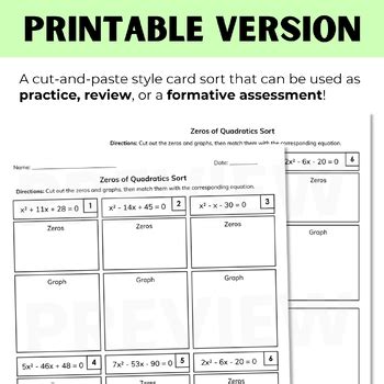 Finding Zeros Of Quadratic Equations By Factoring Card Sort TPT