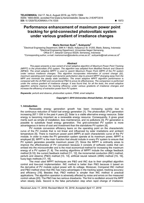 Performance Enhancement Of Maximum Power Point Tracking For Grid Connected Photovoltaic System