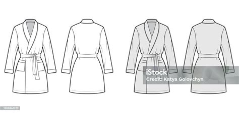 바스로브 드레싱 가운 테크니컬 패션 일러스트와 랩 오프닝 미니 길이 오버사이즈 넥타이 포켓 긴 소매 0명에 대한 스톡 벡터 아트 및 기타 이미지 Istock