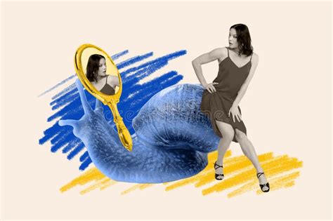 Creative Sketch Doodle Collage Of Serious Girl Sit Snail Shell Helix Beauty Procedure Therapy