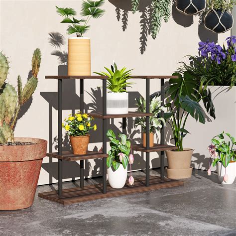 Outsunny 4 Tiered Metal Flower Shelf Display Rack Carbonised Finish
