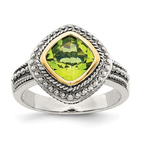 Sterling Silver 14k Gold Accents 8mm Cushion Cut Peridot Ring