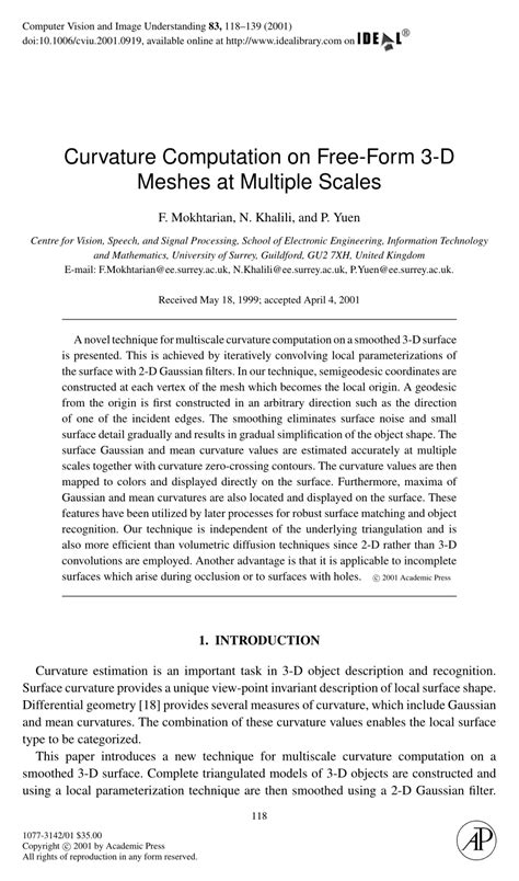 Pdf Curvature Computation On Free Form 3 D Meshes At Multiple Scales